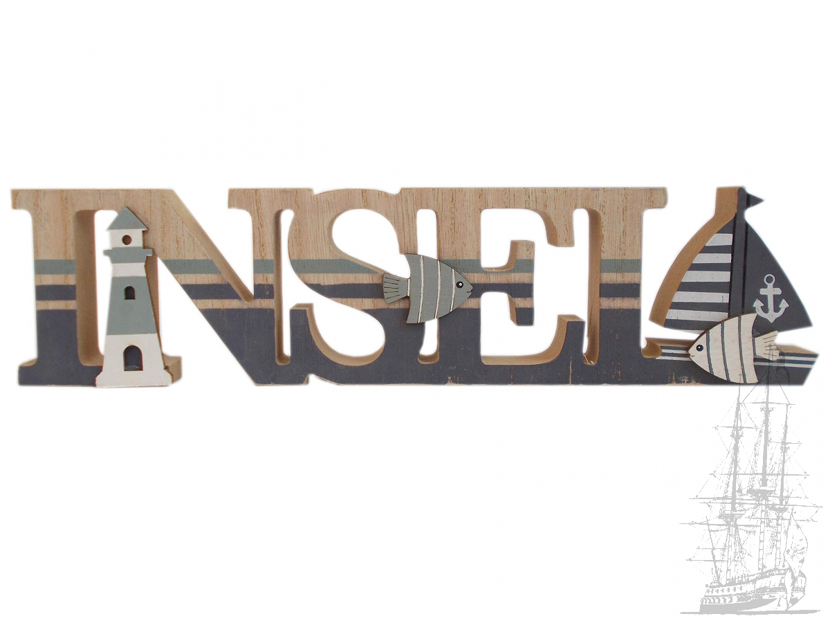 Insel Schriftzug Text aus Holz mit Segelschiff Leuchtturm und Fischen ...